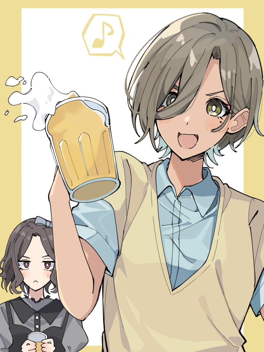 Safebooru - 2girls alcohol beer beer mug blue shirt blush bow brown eyes brown hair collared ...