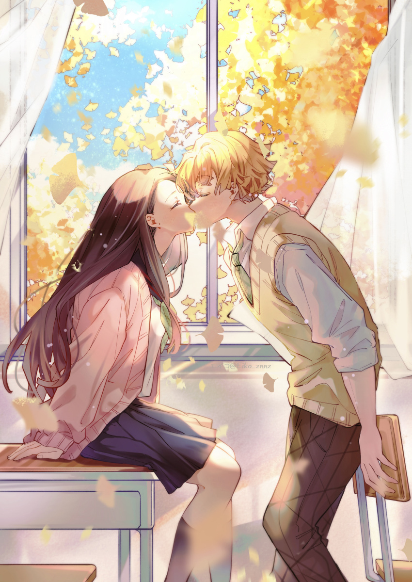Safebooru - 1boy 1girl absurdres agatsuma zenitsu autumn autumn leaves ...