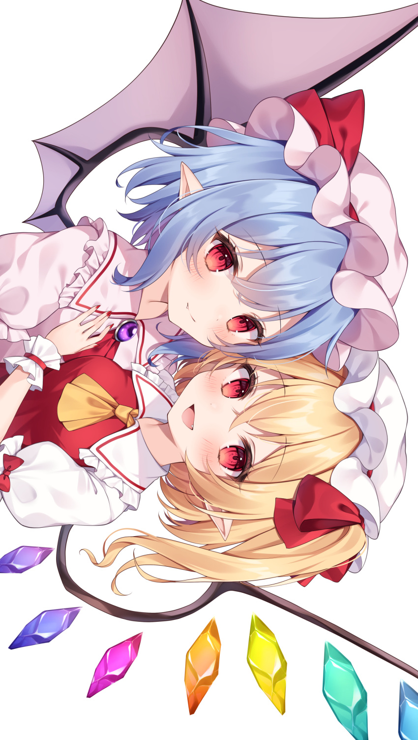 Safebooru - 2girls absurdres ascot blonde hair blue hair crystal flandre scarlet hat highres ...