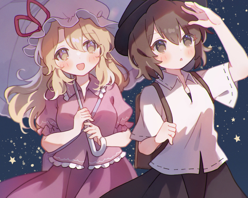 Safebooru - 2girls black hat black skirt blonde hair blush breasts brown eyes brown hair ...