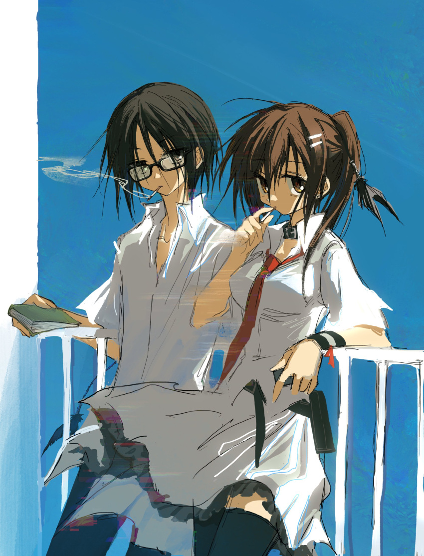 Safebooru - 1boy 1girl absurdres arm support belt collar black-framed eyewear black eyes black ...