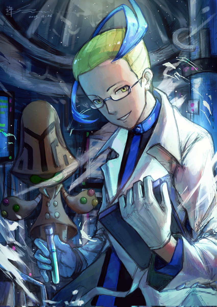 Safebooru - 1boy beheeyem blonde hair blue hair blue necktie colress (pokemon) commentary ...