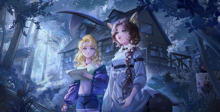 Safebooru - 2girls :d absurdres animal ears arm belt belt blonde hair blonney blue shorts brown ...