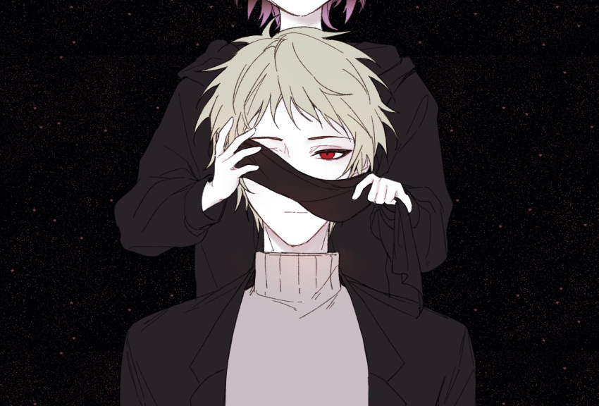 Safebooru - 2boys :| aji (sagi 45) atou haruki black background black blindfold black jacket ...