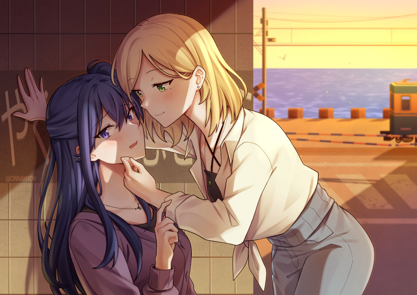 Safebooru - 2girls absurdres blonde hair blush cardigan cinnamyon closed mouth collarbone ...