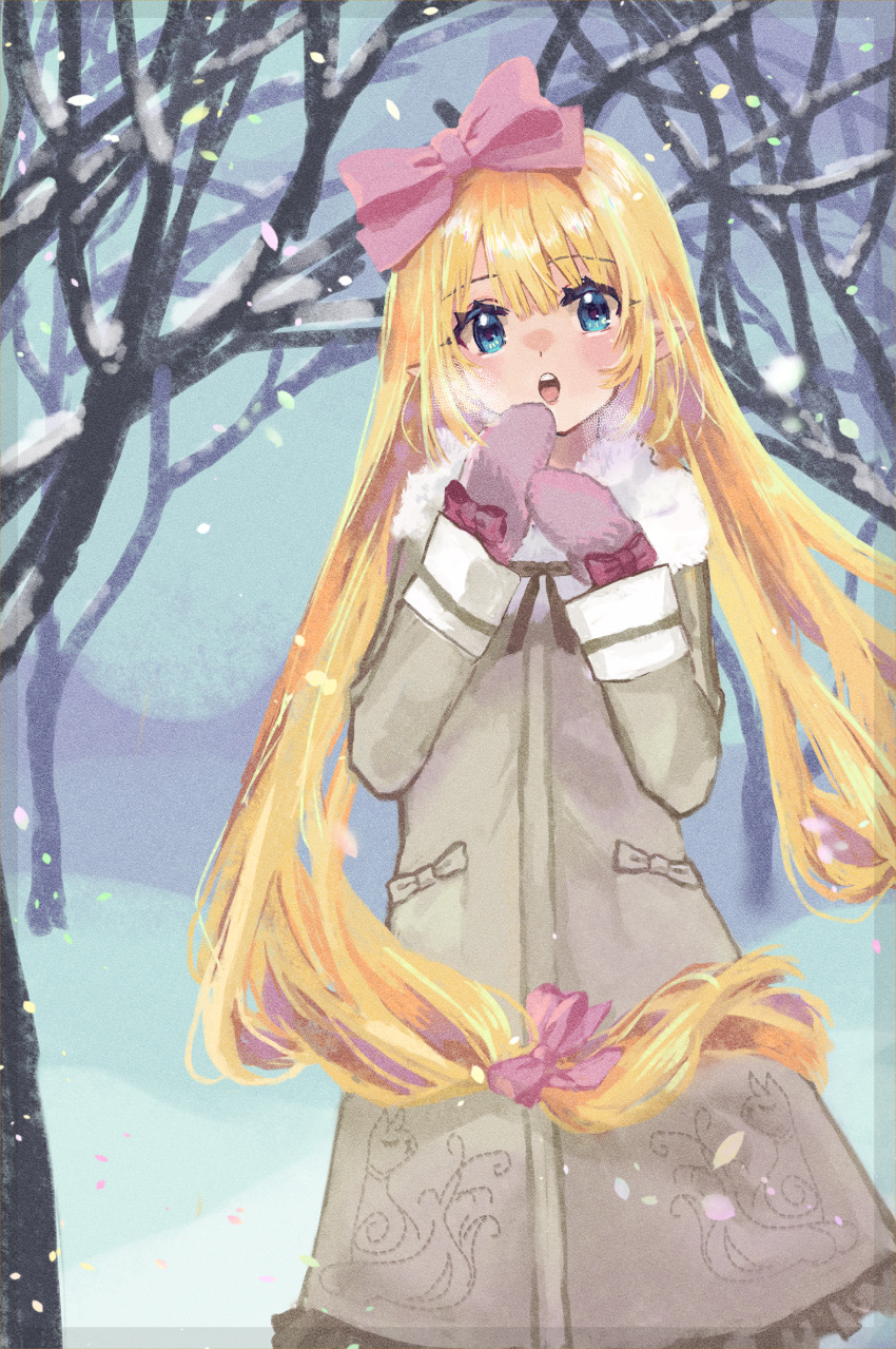 Safebooru - 1girl absurdres bare tree blonde hair blue eyes bow coat commentary request ...