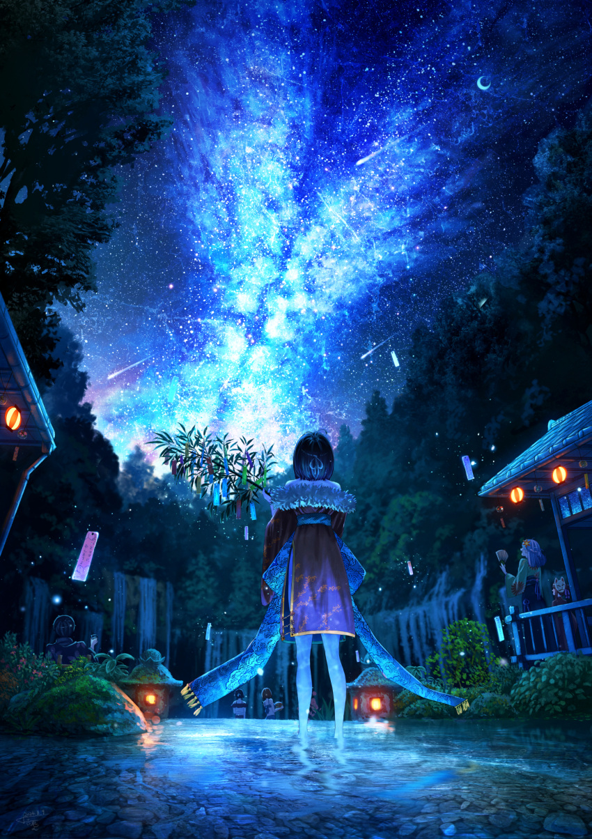 Safebooru - 2girls black hair crescent moon forest highres holding japanese clothes kimono ...