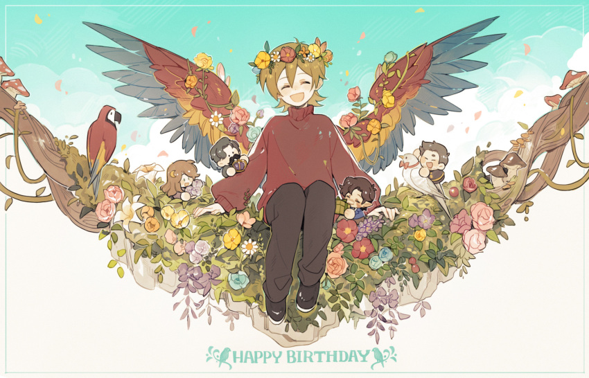 Safebooru - 1girl 4boys animal animification bird bird boy bird wings birthday closed eyes dove ...