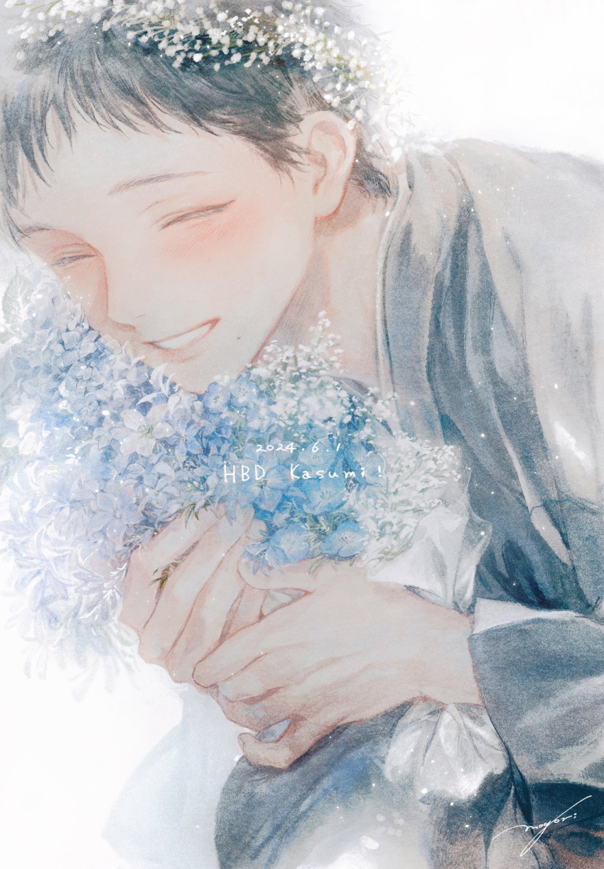 Safebooru - 1boy black shirt blue flower blush bouquet brown hair character request closed eyes ...