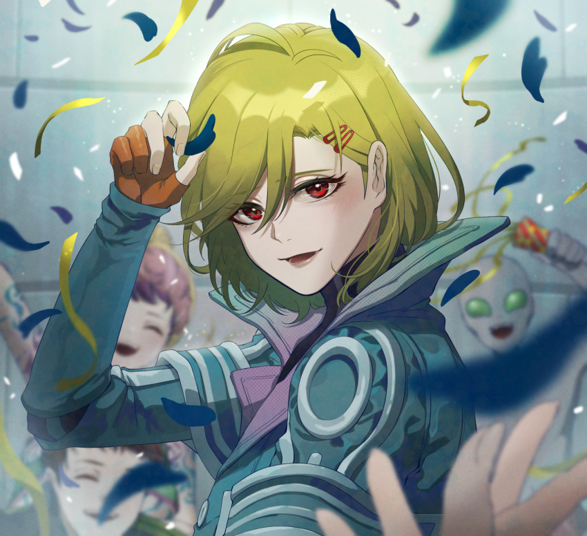 Safebooru - 1girl 1other 2boys blonde hair body markings breasts brown hair chipie (gnosia) coat ...