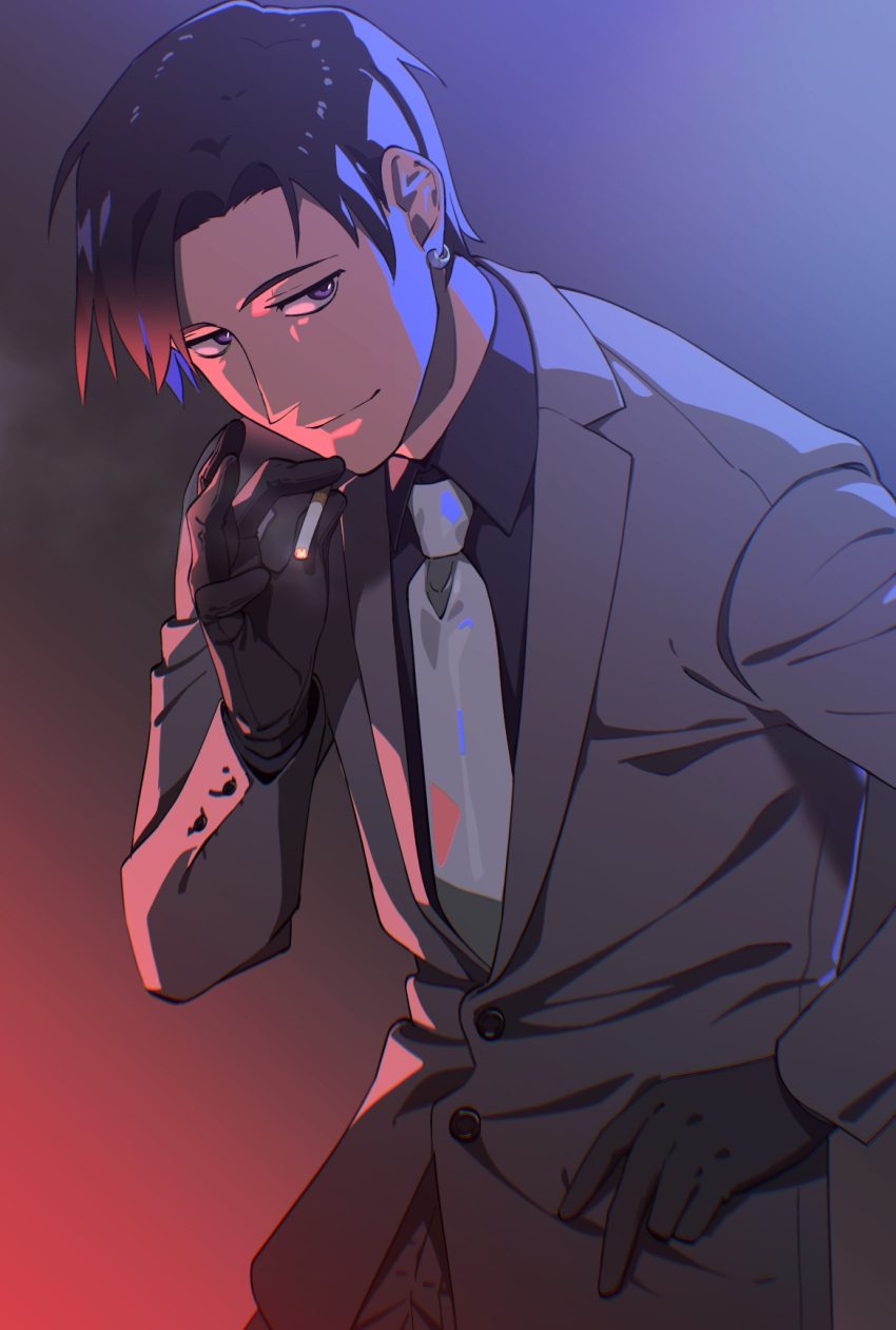 Safebooru - 1boy black gloves black hair black shirt blue background buttoned cuffs buttons ...