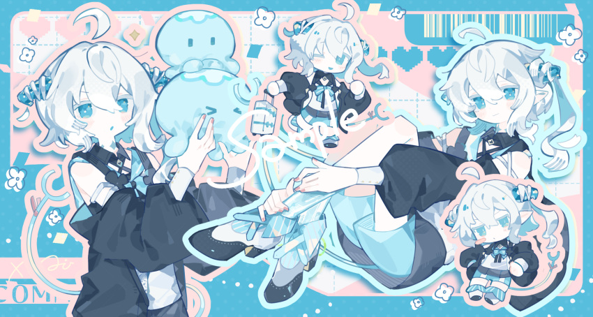 Safebooru - 1girl ahoge barcode black sleeves blue eyes blue shorts ...