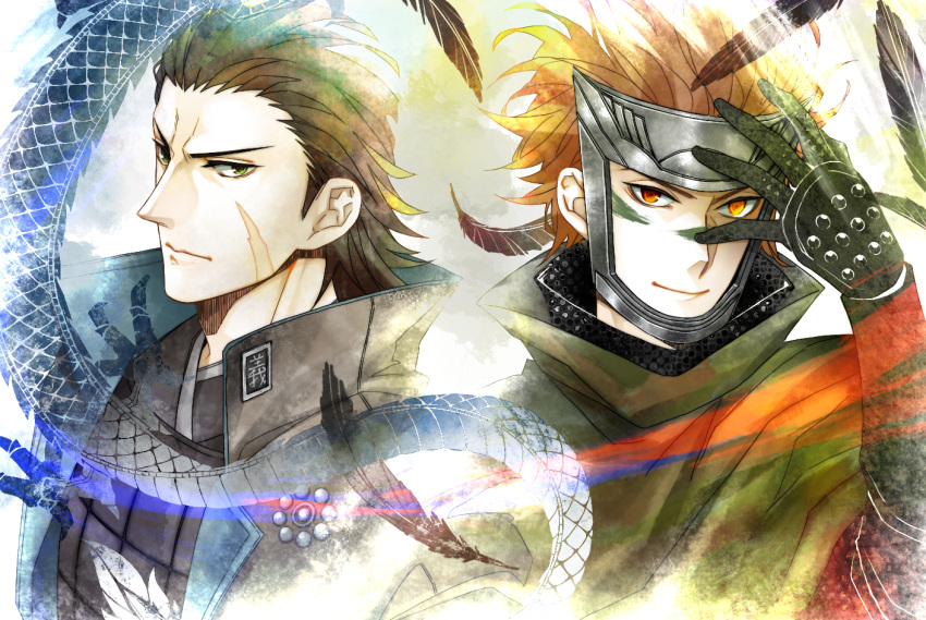Safebooru - 2boys armor black feathers black gloves brown hair capelet ...