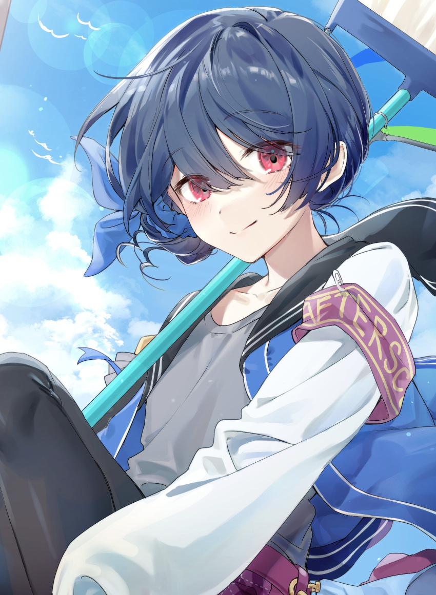 Safebooru - 1girl armband black hair black pantyhose blue jacket blue sky blush clouds ...