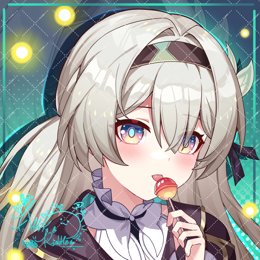 Safebooru - 1girl absurdres black hairband blush candy commission cropped jacket firefly (honkai ...