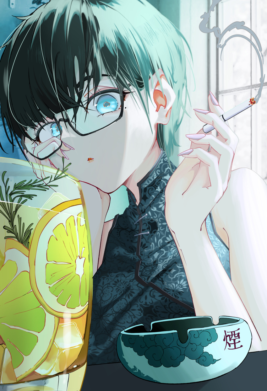 Safebooru - 1girl absurdres ashtray black hair blue eyes china dress chinese clothes cigarette ...