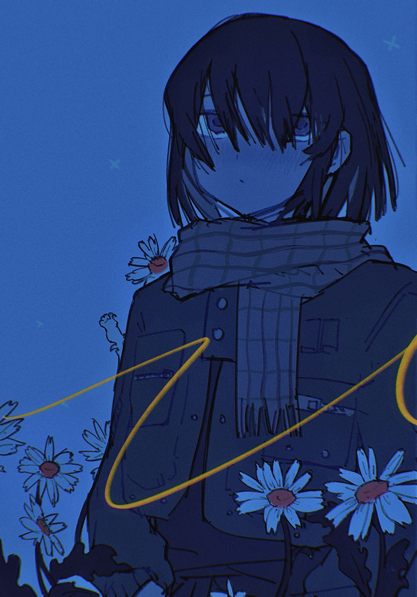 Safebooru - 1girl blue background brown eyes brown hair closed mouth coat dangoiz highres ...