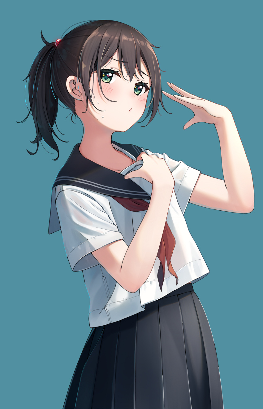Safebooru - 1girl black hair black sailor collar black skirt blue background blush closed mouth ...