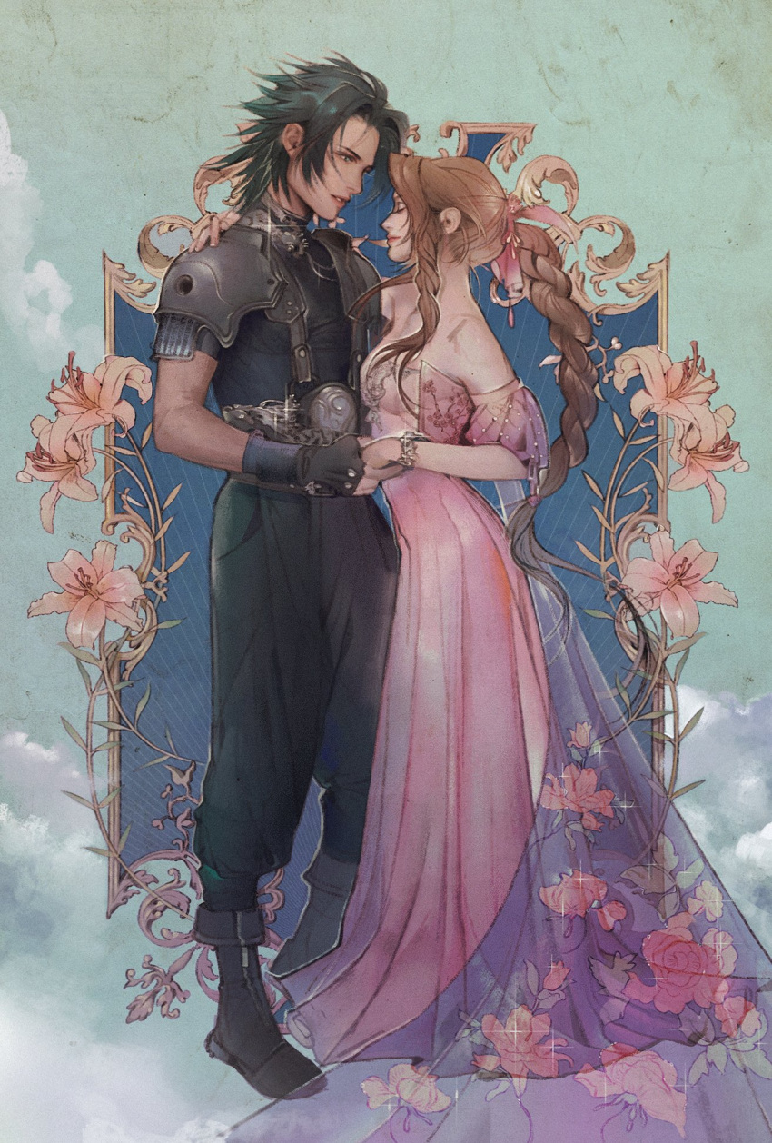 Safebooru - 1boy 1girl aerith gainsborough alternate costume armor baggy pants bare shoulders ...