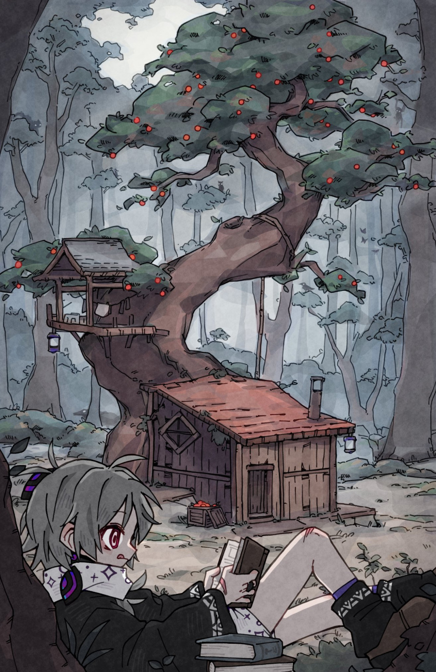 Safebooru - 1other :q bismaki book building chimney crate fantasy forest fruit tree grey hair ...