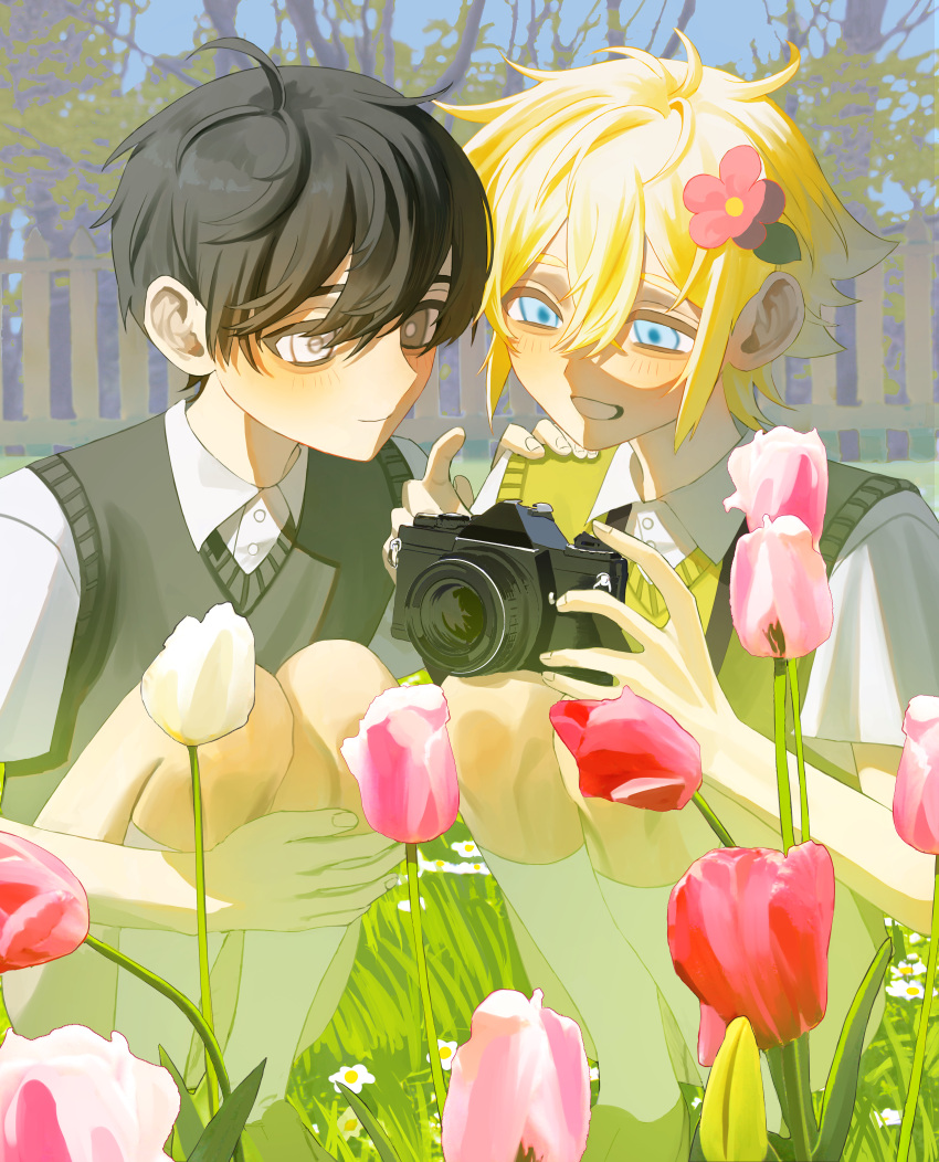 Safebooru - 2boys absurdres basil (faraway) (omori) basil (omori) black hair black sweater vest ...