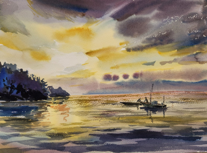 Safebooru - 2boys akemisuisai boat clouds cloudy sky day dusk evening ...