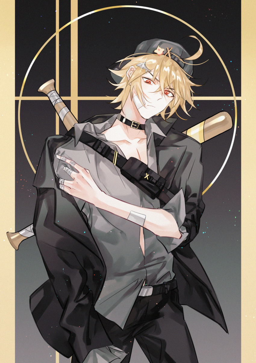 Safebooru - >:( 1boy absurdres ahoge alternate costume azha8 backwards hat bandaged fingers ...