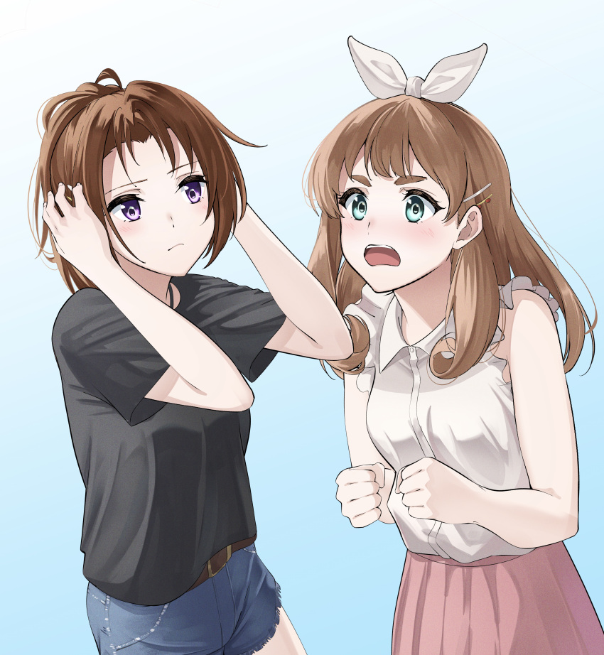 Safebooru - 2girls absurdres akane (tgixb) black shirt blue eyes bow brown hair clenched hands ...