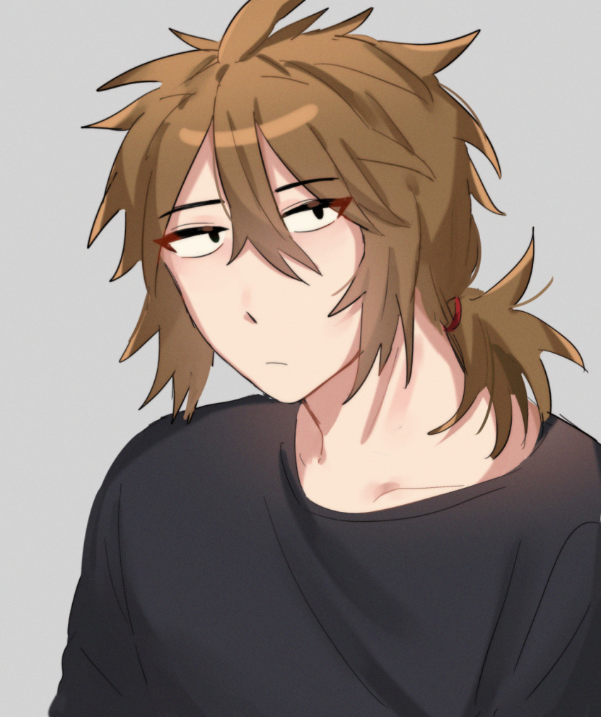 Safebooru - 1boy black eyes black shirt brown hair closed mouth collarbone dam (5me1et) grey ...