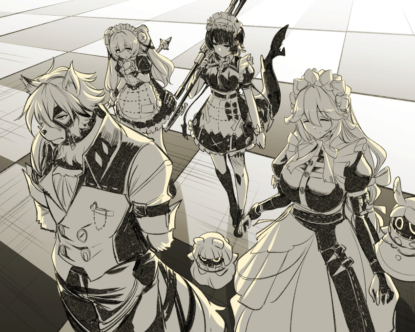 Safebooru - 1boy 3girls absurdres alexandrina sebastiane apron arms ...