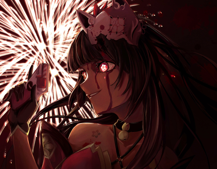 Safebooru - 1girl absurdres bare shoulders bell black gloves bleeding from forehead blood blood ...