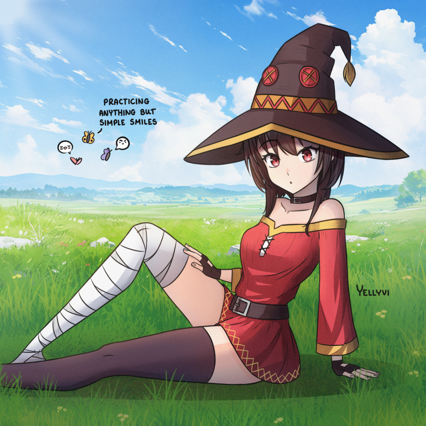 Safebooru - bandaged leg bandages blue sky brown hair cinching belt clouds flower grass highres ...