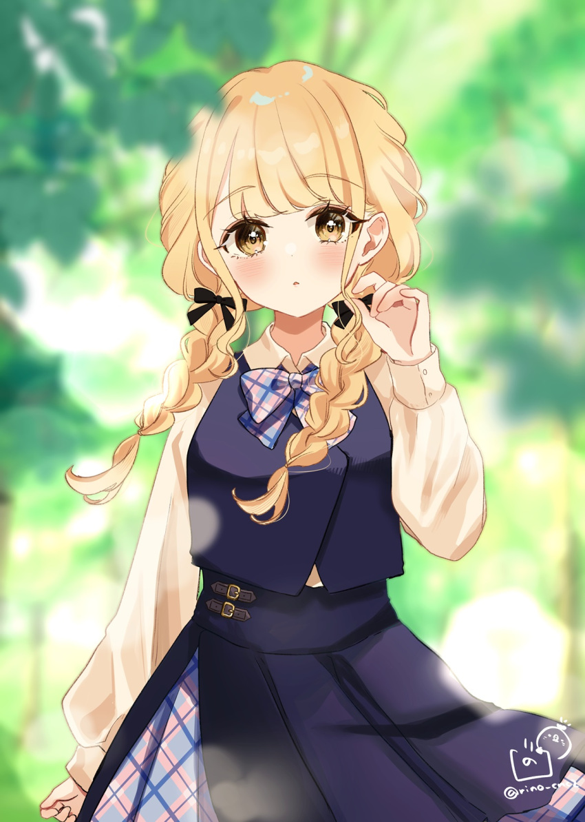 Safebooru - 1girl :o blonde hair blue overskirt blue skirt blue vest blurry blurry background ...