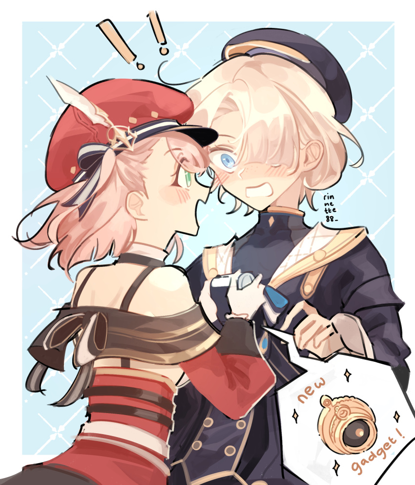 Safebooru - ! !! 1boy 1girl absurdres artist name belt beret black bow black hat black sleeves ...