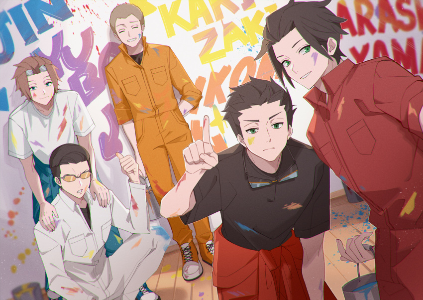 Safebooru - 5boys arashiyama jun black hair black shirt green eyes ...