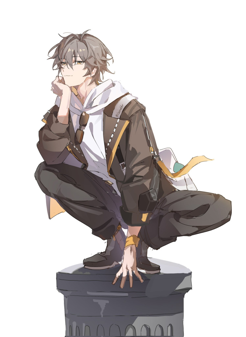 Safebooru - 1boy artist name bag black footwear black jacket black pants boots caelus (honkai ...