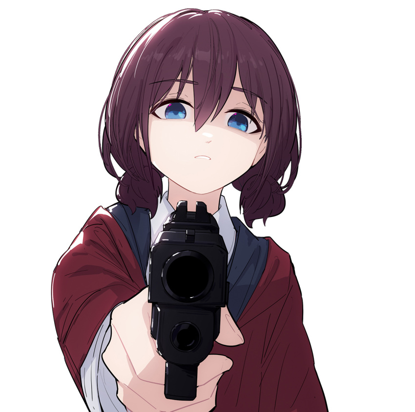 Safebooru - 1girl aiming aiming at viewer blue eyes brown hair collared ...