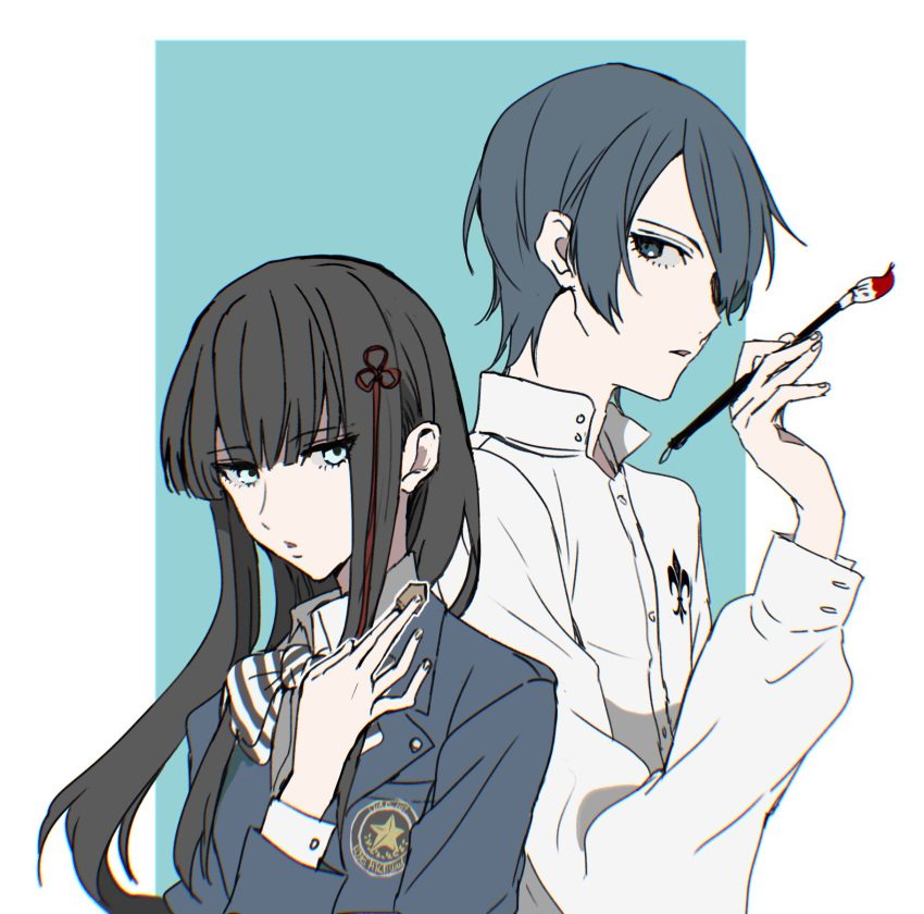 Safebooru - 1boy 1girl atlus black hair blue eyes blue hair blue jacket blunt bangs bow bowtie ...