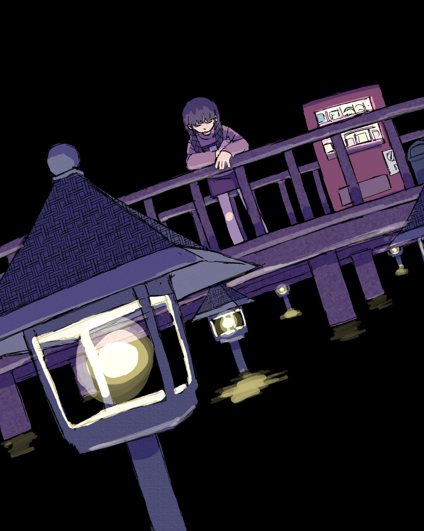 Safebooru - 1girl absurdres against railing black hair braid bridge closed eyes commentary dark ...