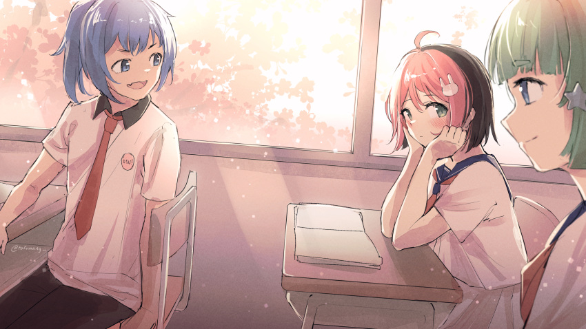 Safebooru - 1boy 2girls :d ahoge black pants blue eyes blue hair blue ...