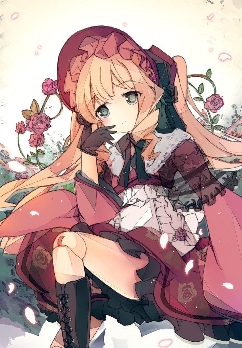 Safebooru - 1girl adapted costume black footwear black gloves blonde hair bondson bonnet boots ...