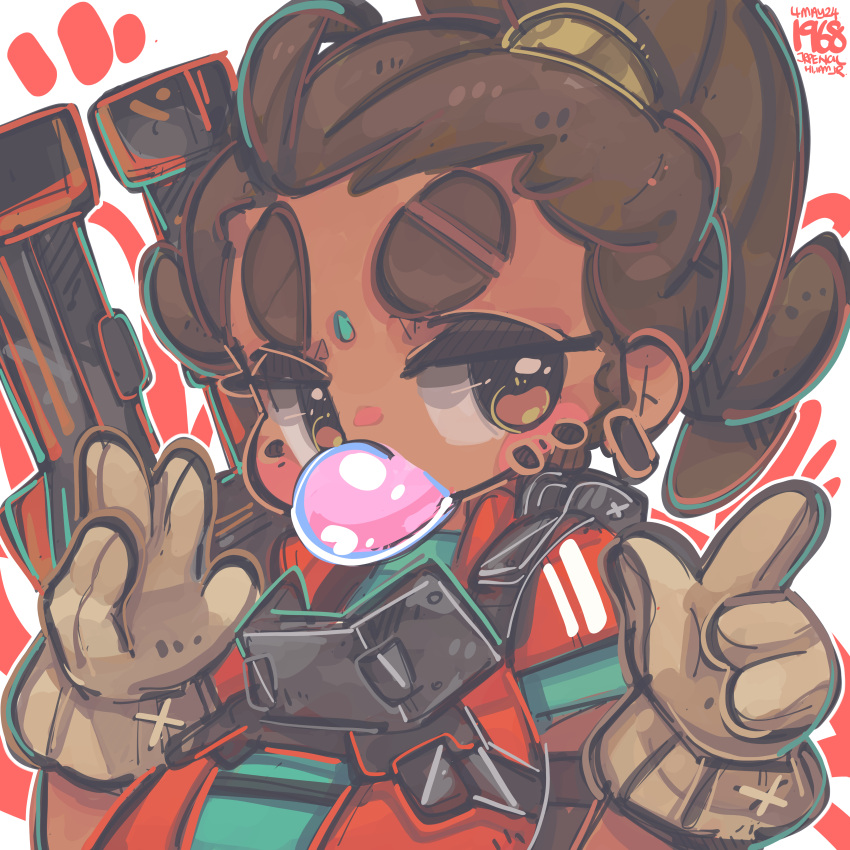 Safebooru - 1girl absurdres animification apex legends aqua shirt blush brown eyes brown gloves ...
