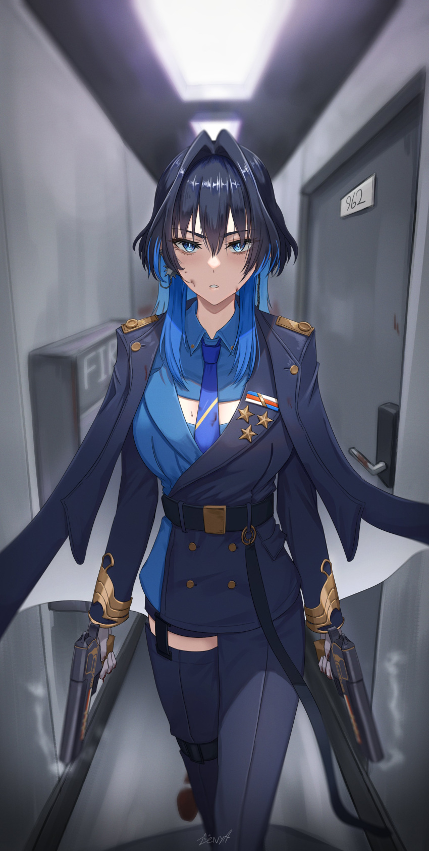 Safebooru - 1girl absurdres belt black belt bloody footprints blue coat blue eyes blue hair blue ...