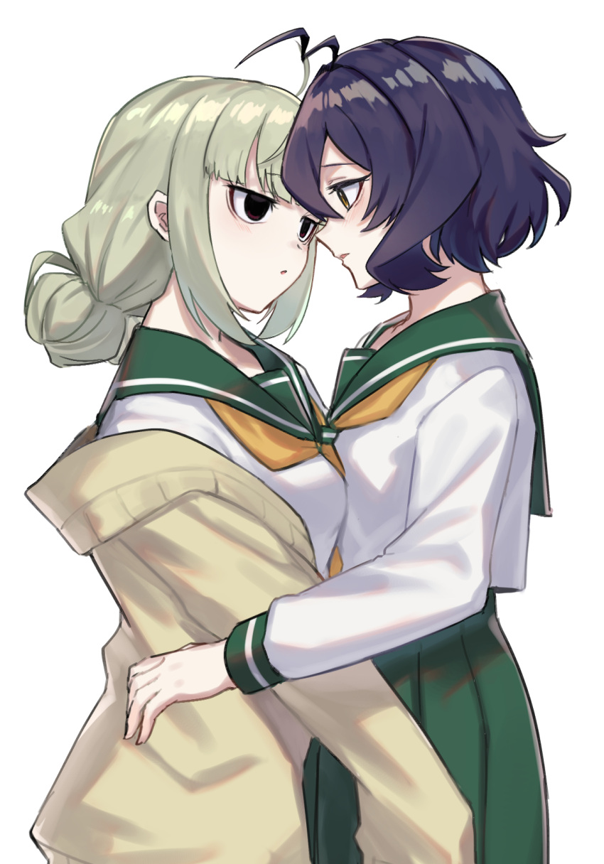 Safebooru - 2girls ahoge aoki shizumi araga kiwi black hair eye contact grey hair heart heart ...