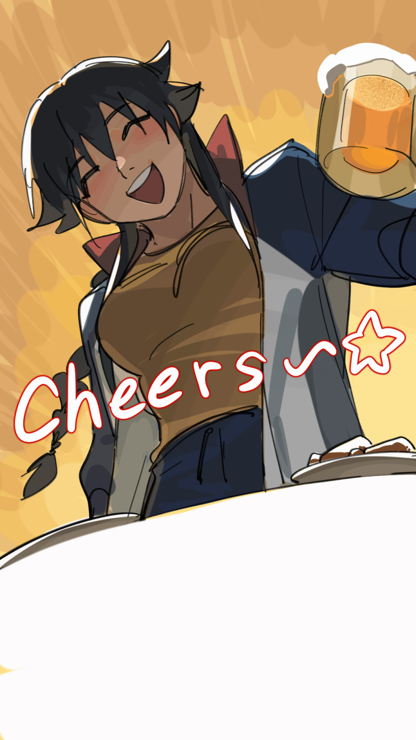 Safebooru - 1girl alcohol arm up beer beer mug blue jacket blue pants ...