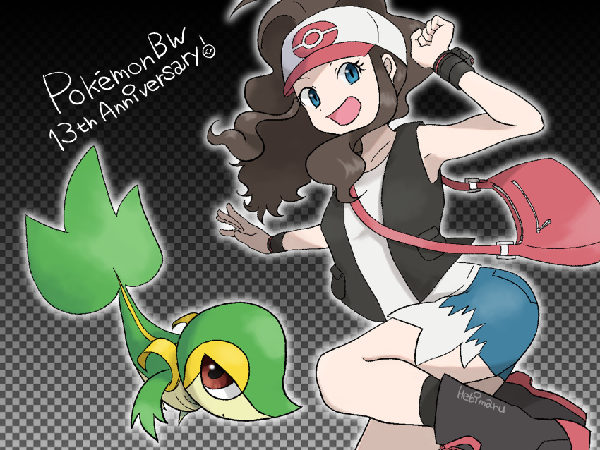 Safebooru - 1girl anniversary black footwear blue eyes boots brown hair denim denim shorts ...