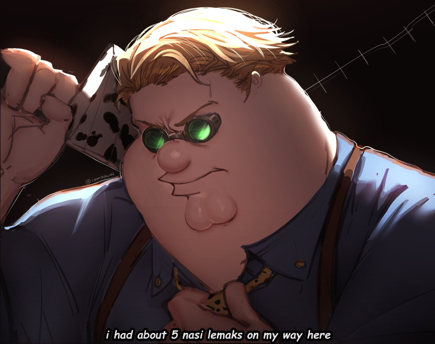 Safebooru - 1boy absurdres adjusting clothes adjusting necktie blonde hair blue shirt cleft chin ...