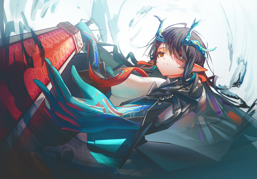 Safebooru - 1girl absurdres aqua hair arknights black hair black jacket ...