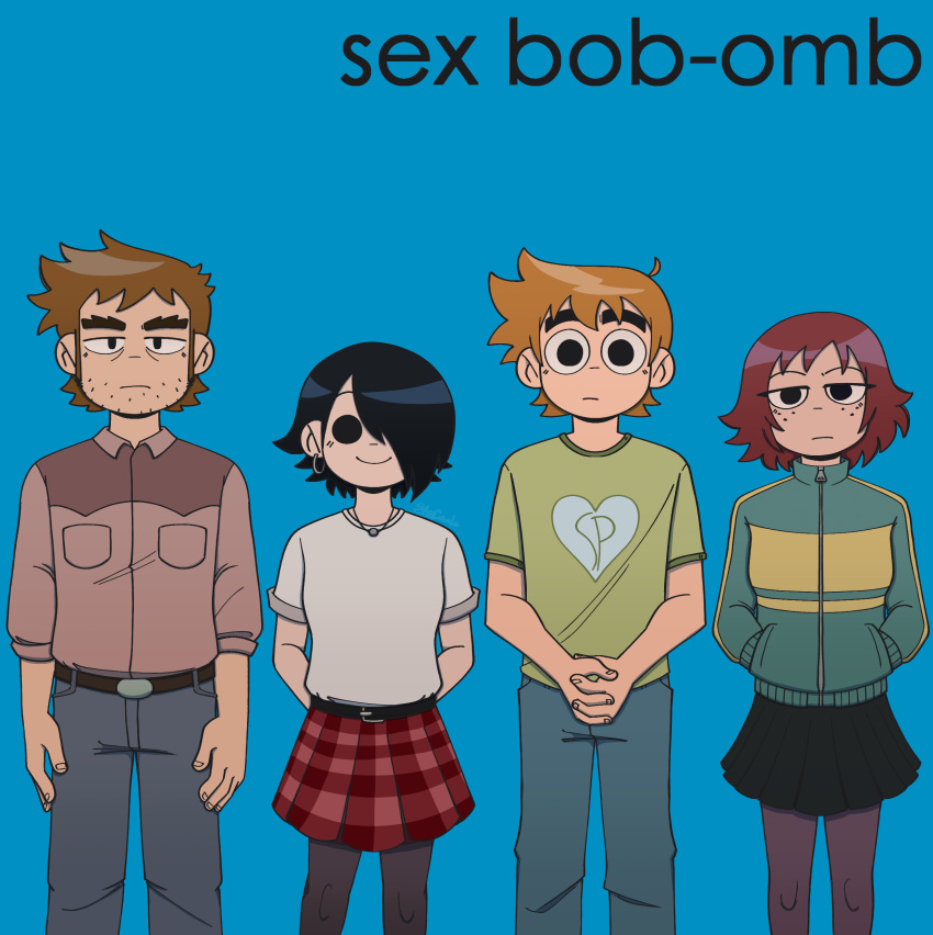 Safebooru - 2boys 2girls absurdres album cover redraw arms behind back beard stubble belt black ...