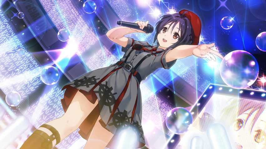 Safebooru - 1girl 22/7 22/7 ongaku no jikan belt beret black belt blue hair brown eyes bubble ...